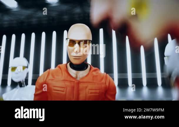 Robot crash test dummy and man. Future concept. Realistic 4k animation ...