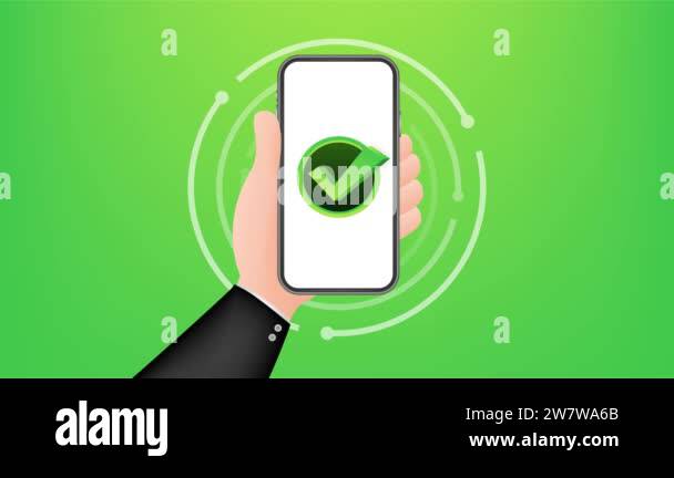 Smartphone with checkmark or tick notification in bubble. Approved choice. Accept or approve ...
