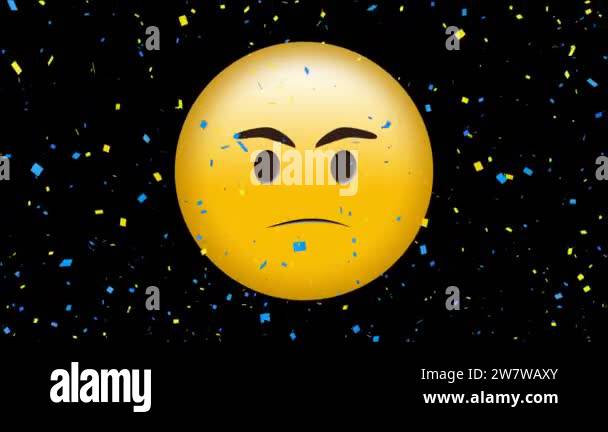 Animation of confetti falling over angry emoji, on black background ...