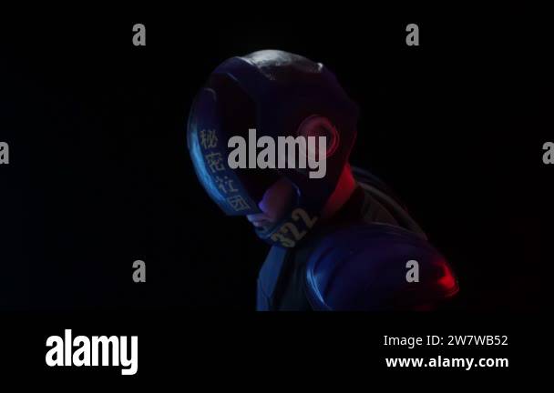 Cyberpunk concept, future world. Police officer cop, halfman bionic ...