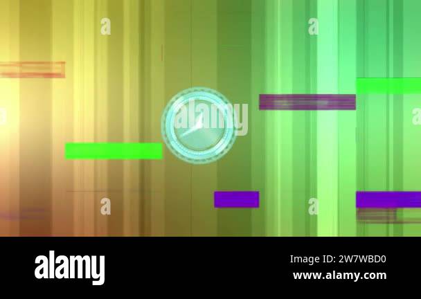 Animation of clock, with colourful interference, over glowing green and yellow light beams ...