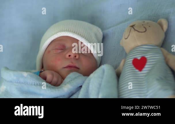 Close-up of Newborn Baby Face Portrait Early Days Sleeping With Tady ...