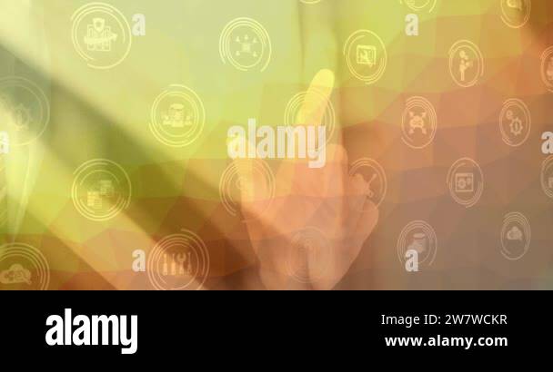 Multiple digital icons floating against hand touching invisible screen ...