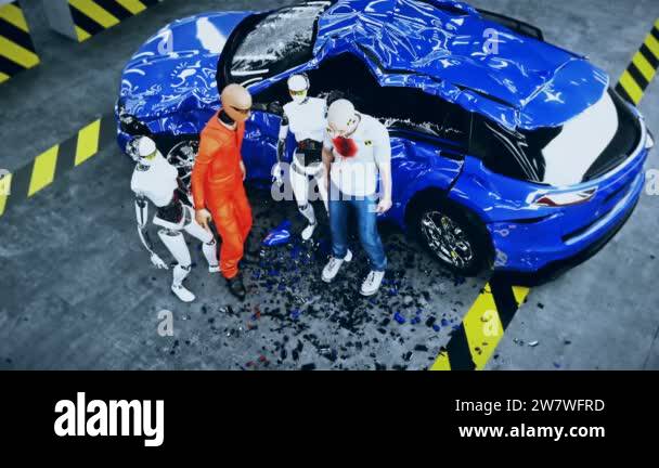 Robot crash test dummy and man. Future concept. Realistic 4k animation ...