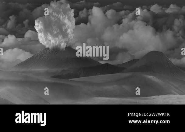 Volcano in Distance Erupting B&W Camera Move 4K features a camera ...