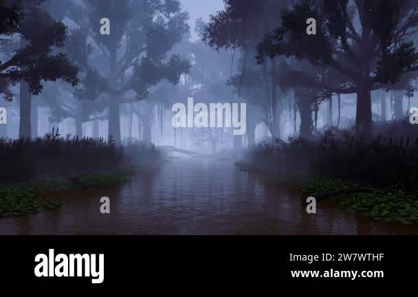 Mysterious woodland scenery with small overgrown river among old creepy ...