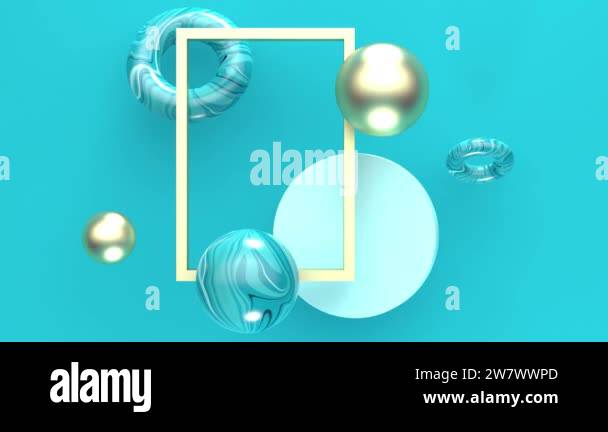 3D Rectangular frame with golden and marble flying figures on a blue ...