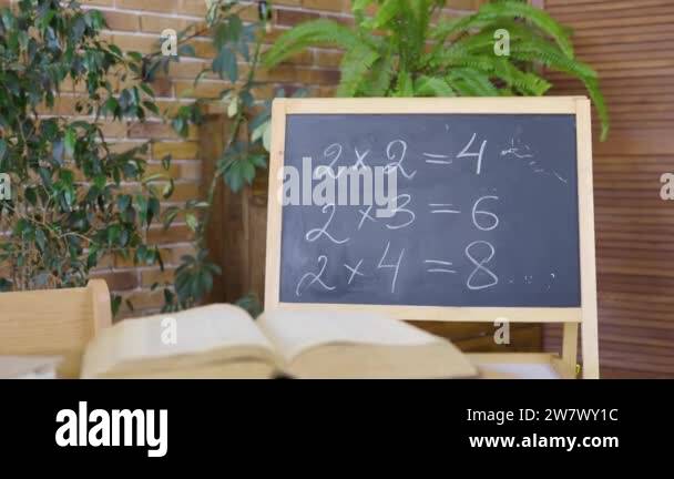Empty classroom with chalkboard, desk and textbook. School, home ...