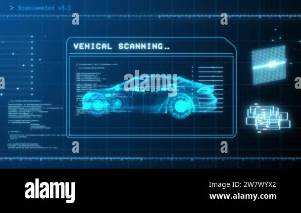 Blue HUD driving car scanning user interface in pixels display ...
