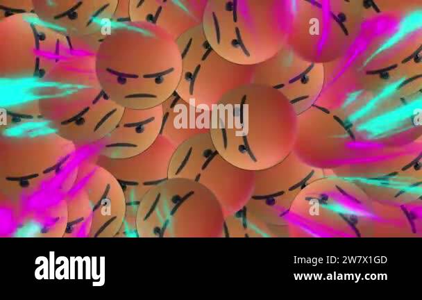 Digital animation of colorful digital waves over multiple angry face ...