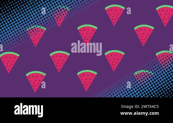 Animation of watermelon spinning over spots on purple background ...
