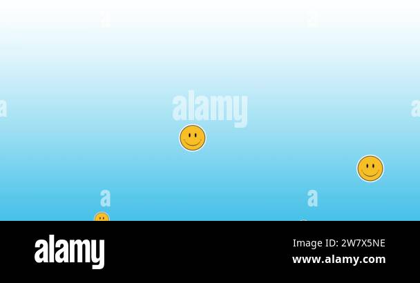 Digital animation of multiple smiling face emojis floating against blue ...