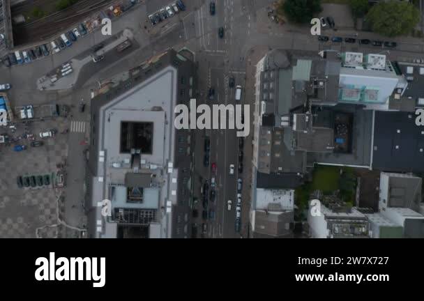 Aerial birds eye overhead top down view of multilane road leading ...