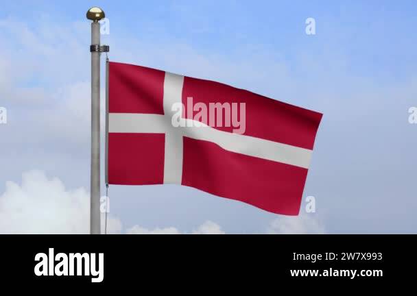 3D, Danish flag waving on wind with blue sky and clouds. Denmark banner ...