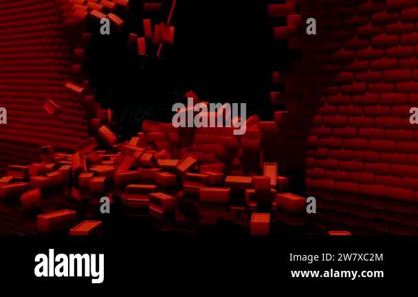 Moment of destroying a red brick wall turned backwards by concrete ...