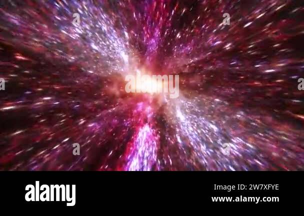 Colorful hyperspace light speed space flight through space time wormhole tunnel. Abstract bright ...