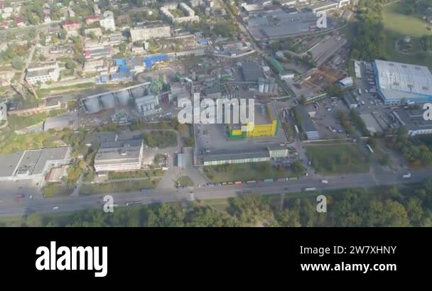 Flight over the industrial area. Many factories next to each other top ...