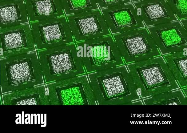 Animation of glowing green and white QR codes processing on bright ...