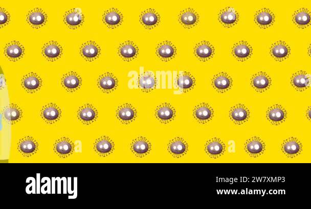 Animation of diverse people with face masks and virus cells on yellow ...