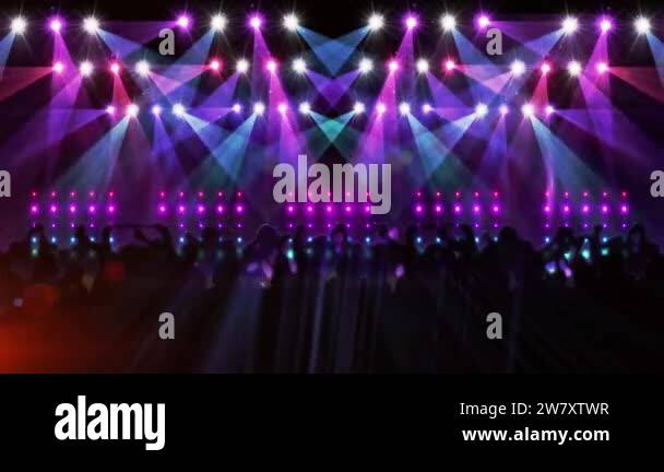 Digital animation of colorful shining lights over silhouette of people ...