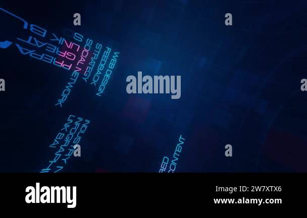 4K 3D rendering cinematic SEO word cloud concept. SEO word tag text ...