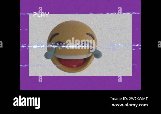 Digital animation of vhs glitch effect over laughing face emoji on ...