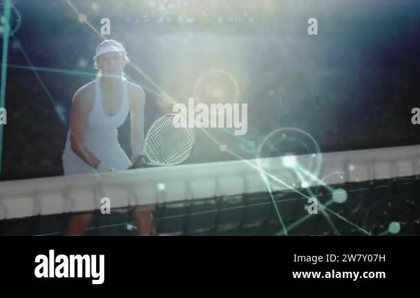 Animation of network of connections over female tennis player at tennis court. global sports ...