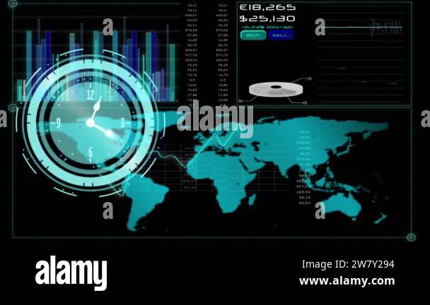 Animation of clock moving fast and data processing with world map on screen. global connections ...