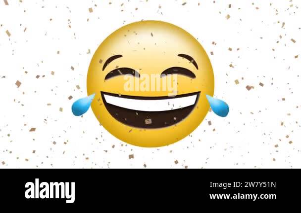 Digital animation of confetti falling over laughing face emoji on white ...