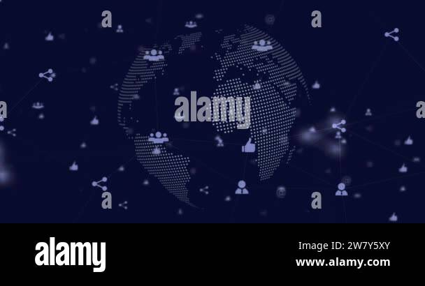 Animation of media icons over globe. communication technology, data ...