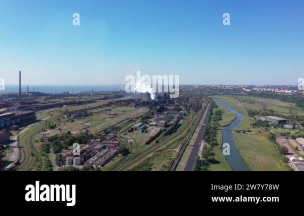 A bird's eye view of the steel mill. The plant is located by the sea ...