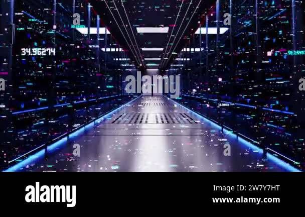 3D 4K Network and data power servers glass panels in a server room data ...