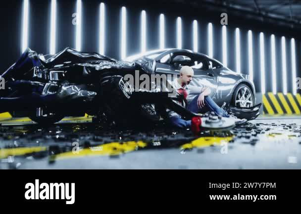 Human crash test dummy sitting near destroyed car crash test. Future ...