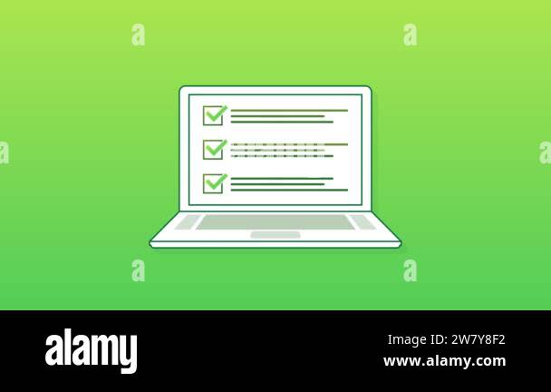 Checklist browser window. Check mark. White tick on laptop screen. Choice, survey concepts ...