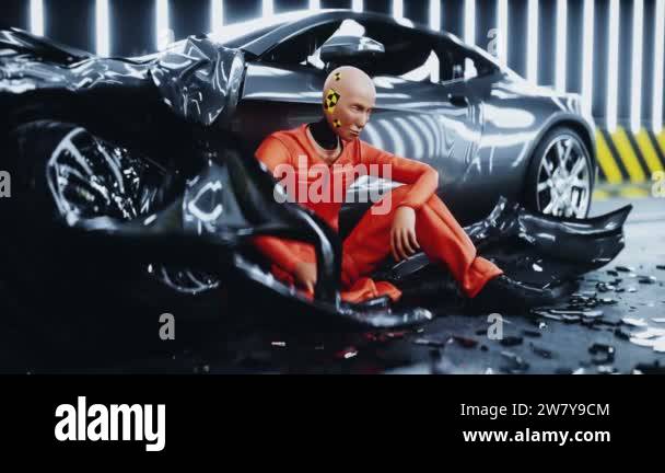 Robot crash test dummy sitting near destroyed car crash test. Future ...