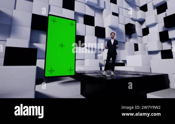 Tv presenter in virtual studio news green screen with markers flies ...