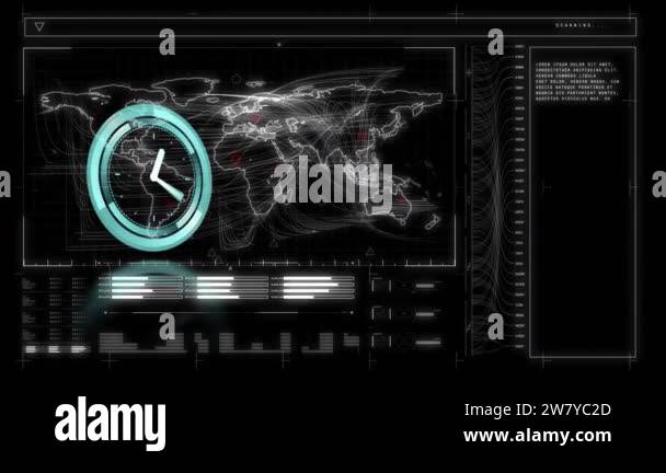 Animation of clock moving fast and data processing with world map on screen. global connections ...