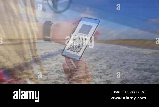 Composition of woman holding a smartphone with qr code on screen ...