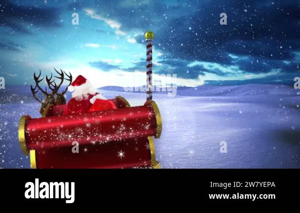 Animation of santa claus in sleigh with christmas gifts and snow ...