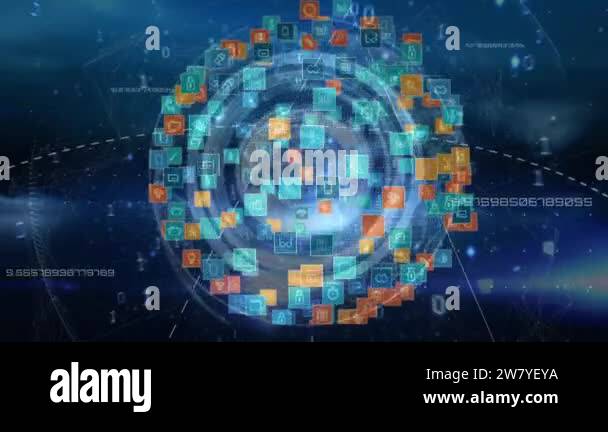 Animation of scope scanning over media icons. global social media, connections and digital ...