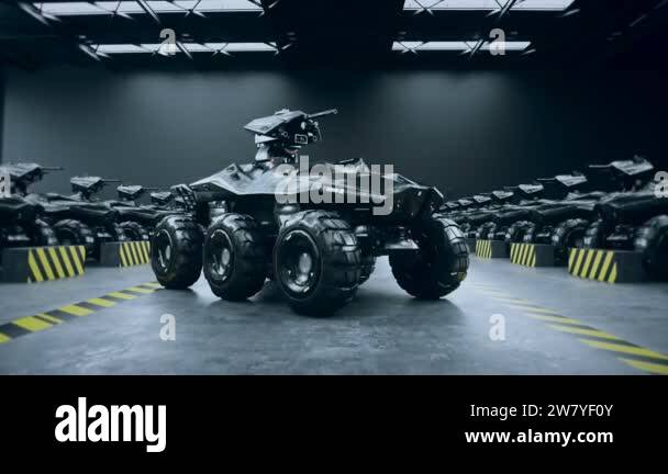 Futuristic military tanks in military base. Realistic 4k animation ...