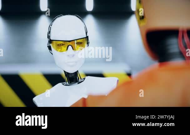 Robot crash test dummy and female robot. Future concept. Realistic 4k ...