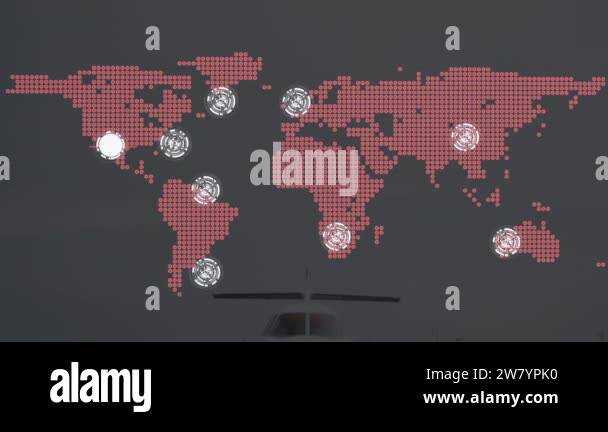 Connecting dots over world map against private jet on airport runway ...