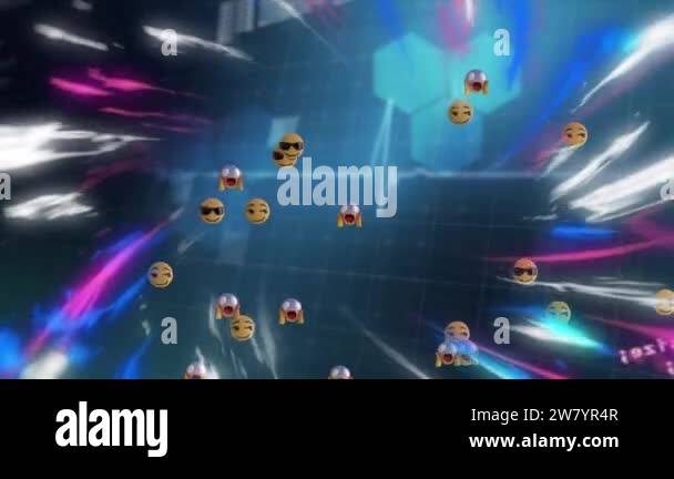 Digital animation of colorful digital waves and multiple face emojis ...