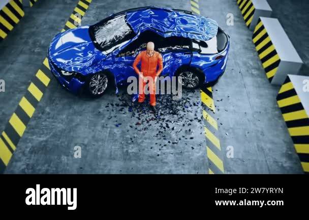 Robot crash test dummy speaking near car crash test. Future concept ...