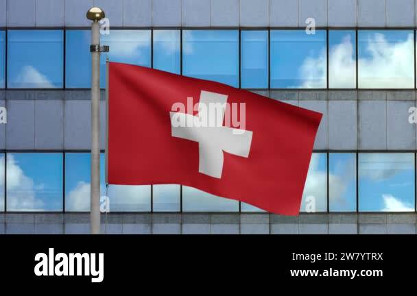 3D, Switzerland flag waving on wind with modern skyscraper city. Swiss ...