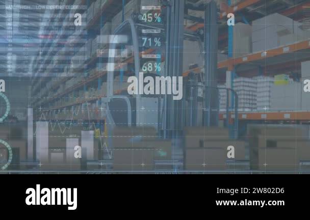 Statistical data processing over multiple boxes on conveyor belt against warehouse. logistics ...