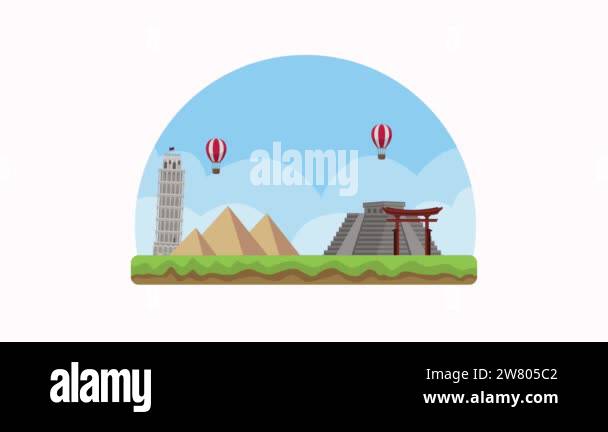 world tourism day animation with landmarks and balloons air hot Stock ...