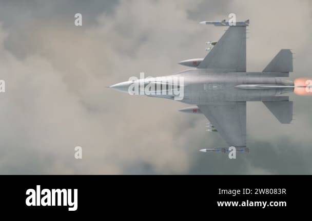 Military plane drops bombs from a high altitude. F-22 in clouds ...