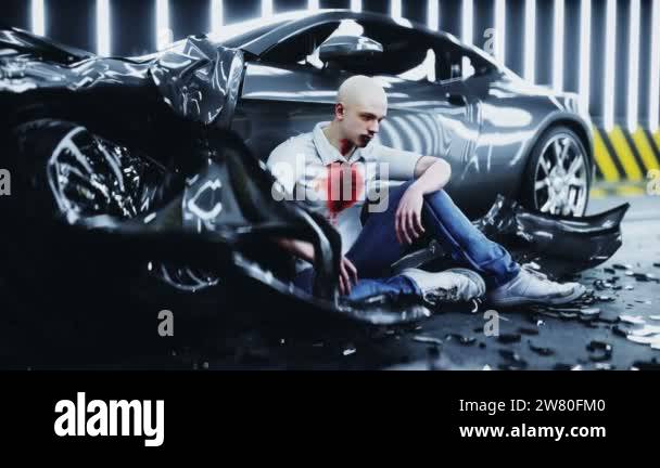 Human crash test dummy sitting near destroyed car crash test. Future ...